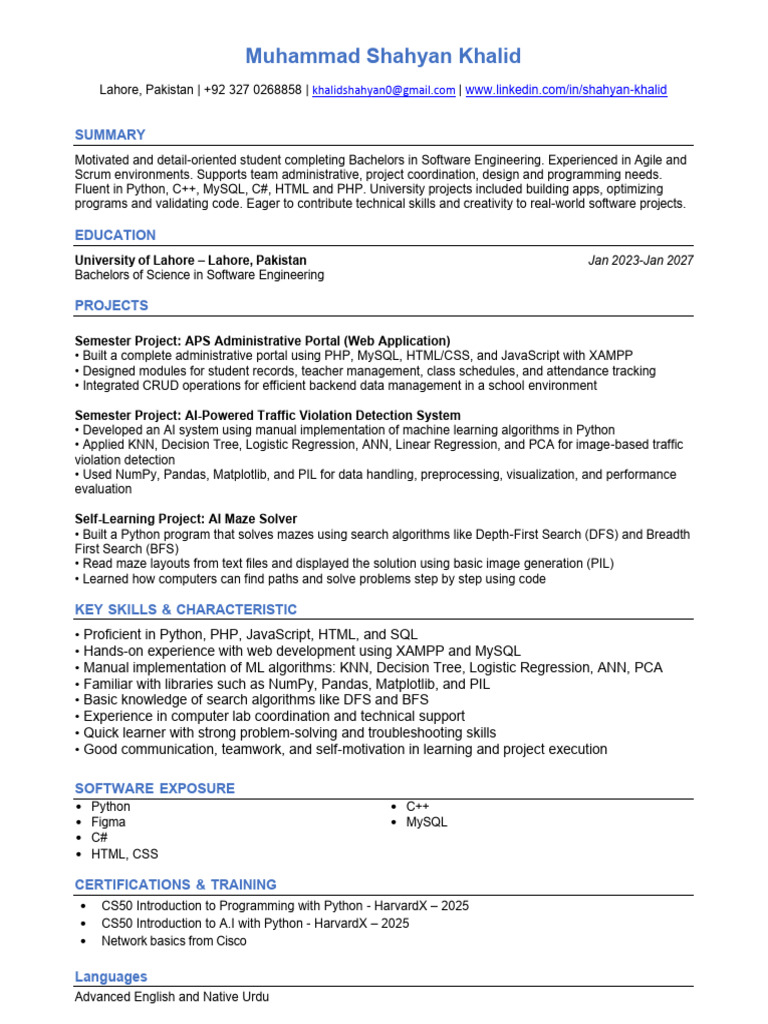 Muhammad Shahyan Khalid Resume | PDF | Python (Programming Language) | Php