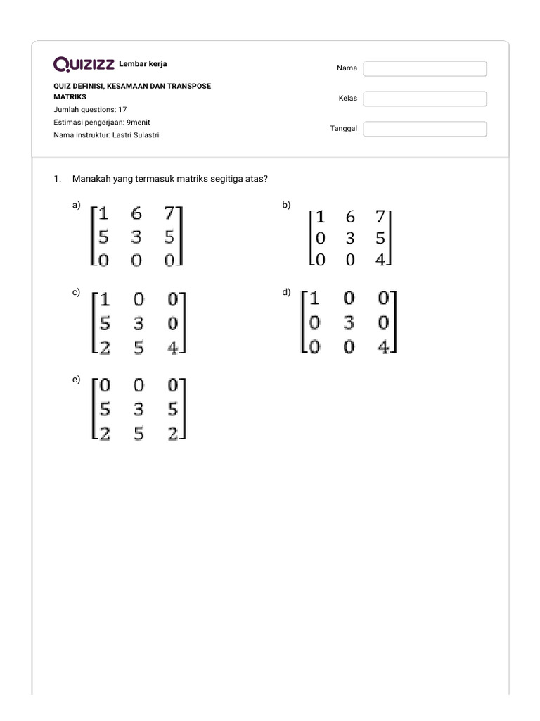 Matriks: Quizizz dan Transpose | PDF