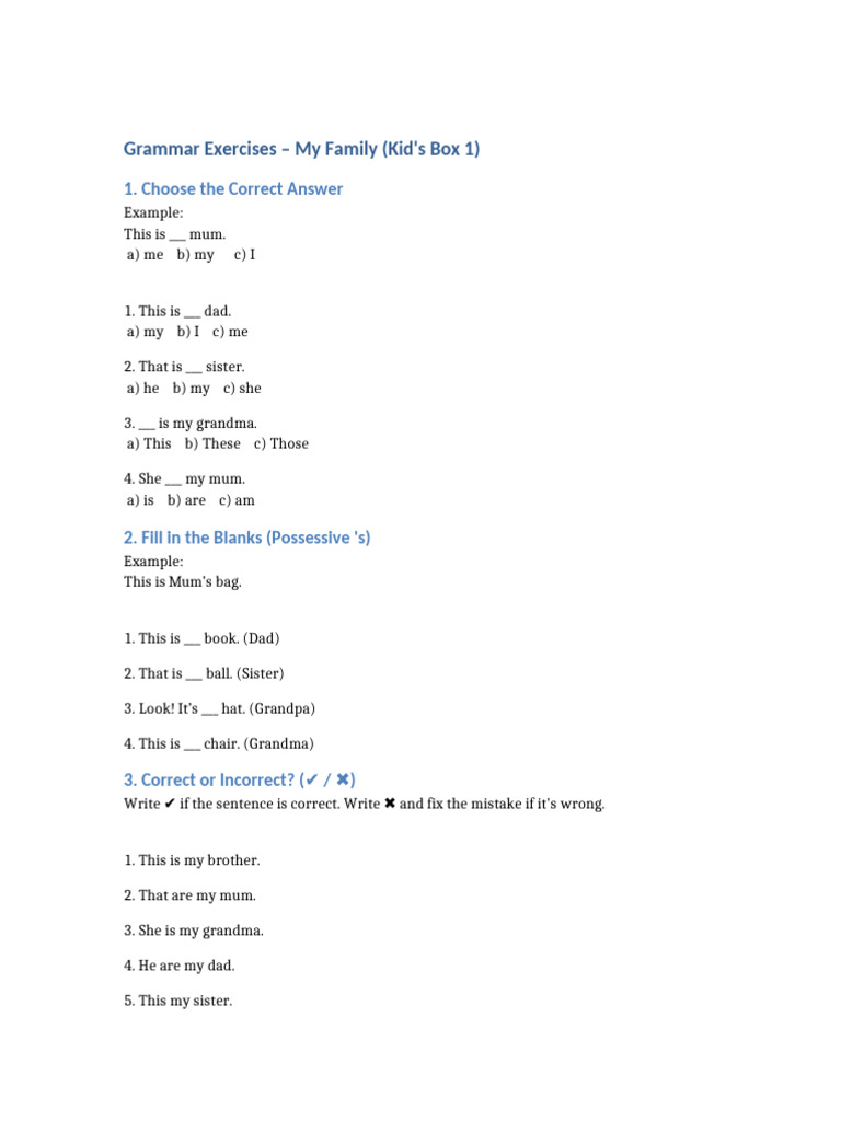 Family Grammar Exercises for Kids | PDF