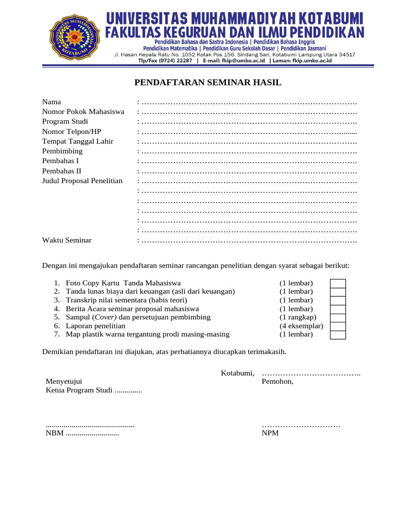 Blangko Pendaftaran Seminar Hasil | PDF