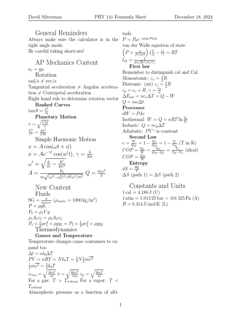 Formula Sheet | PDF | Acceleration | Scientific Phenomena