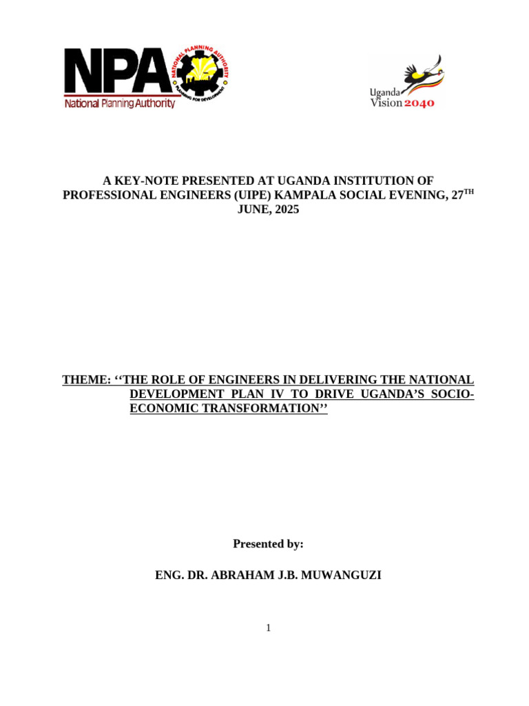 Engineers' Role in Uganda's NDP IV | PDF | Infrastructure | Innovation