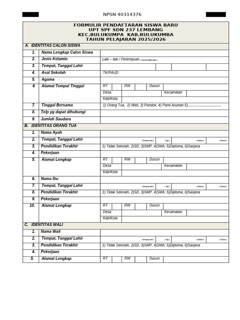 Formulir Pendaftaran Siswa Baru | PDF