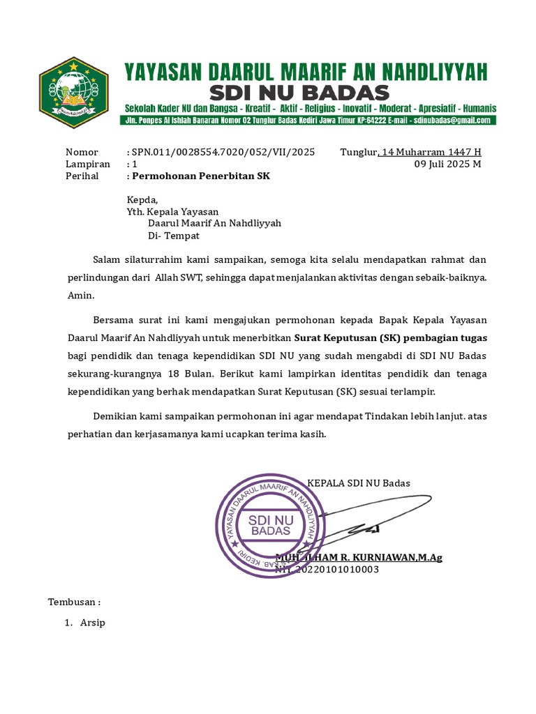 Pengajuan SK SDI NU Badas 2025-2026 | PDF