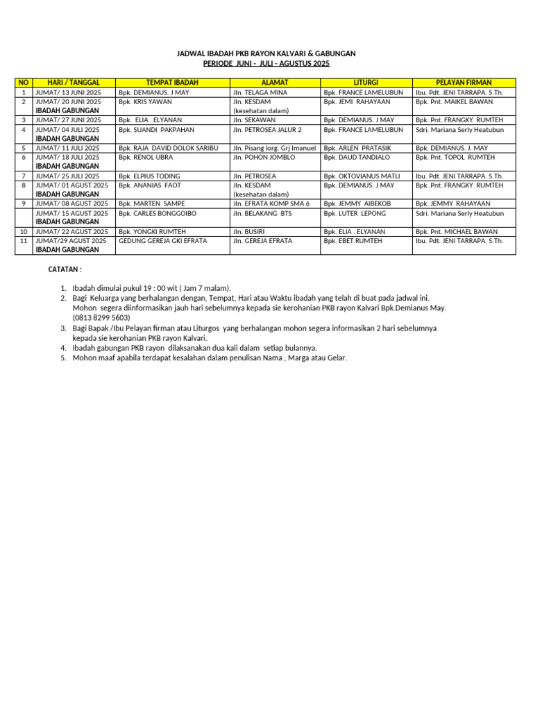 Jadwal Ibadah PKB Kalvari 2025 | PDF