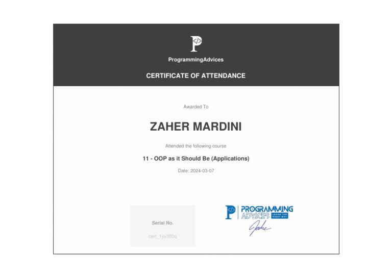 Certificate of Oop As It Should Be Applications | PDF