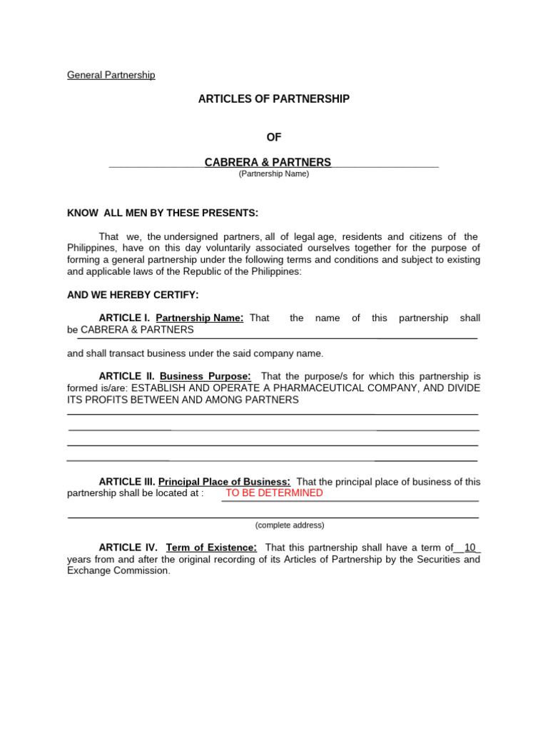 Articles of Partnership for Cabrera & Partners | PDF | Legal Documents ...