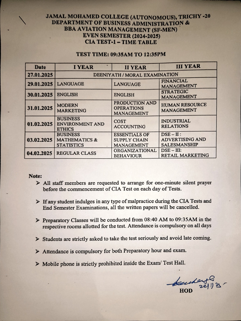 Bba-General CIA-1 Timetable 2024-2025 Even Sem | PDF