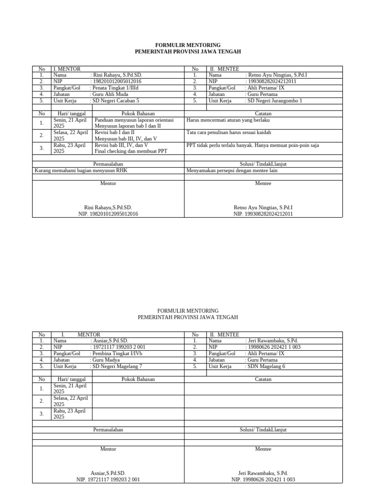 Formulir Mentoring | PDF