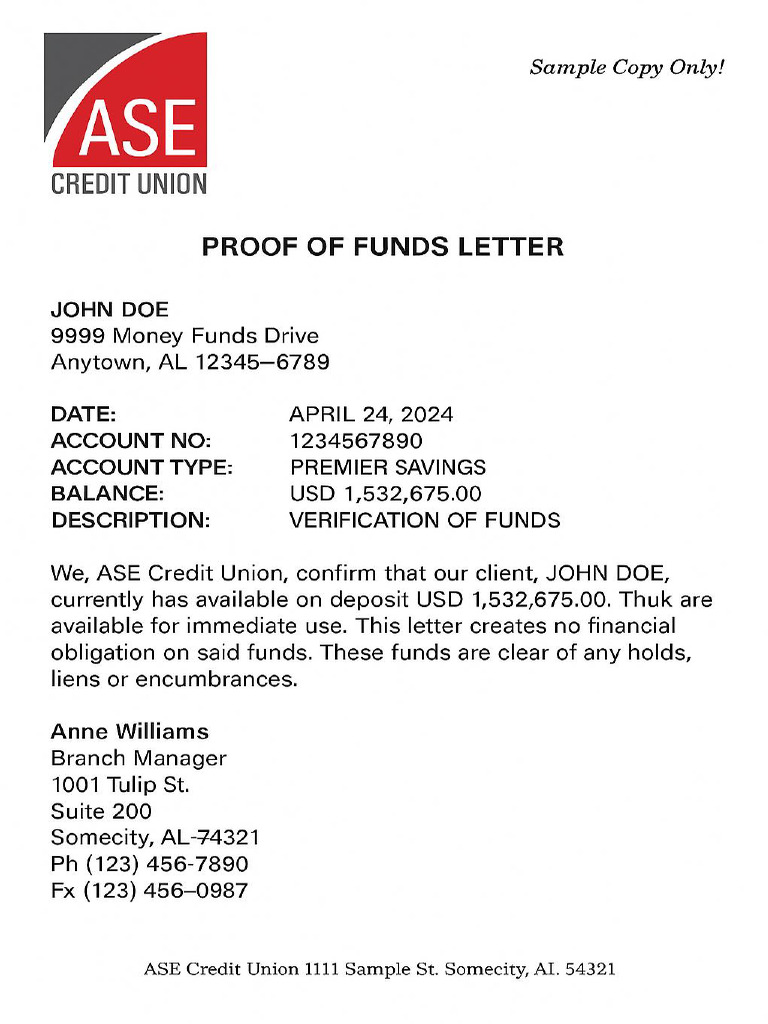 ASE Credit Union Proof of Funds | PDF