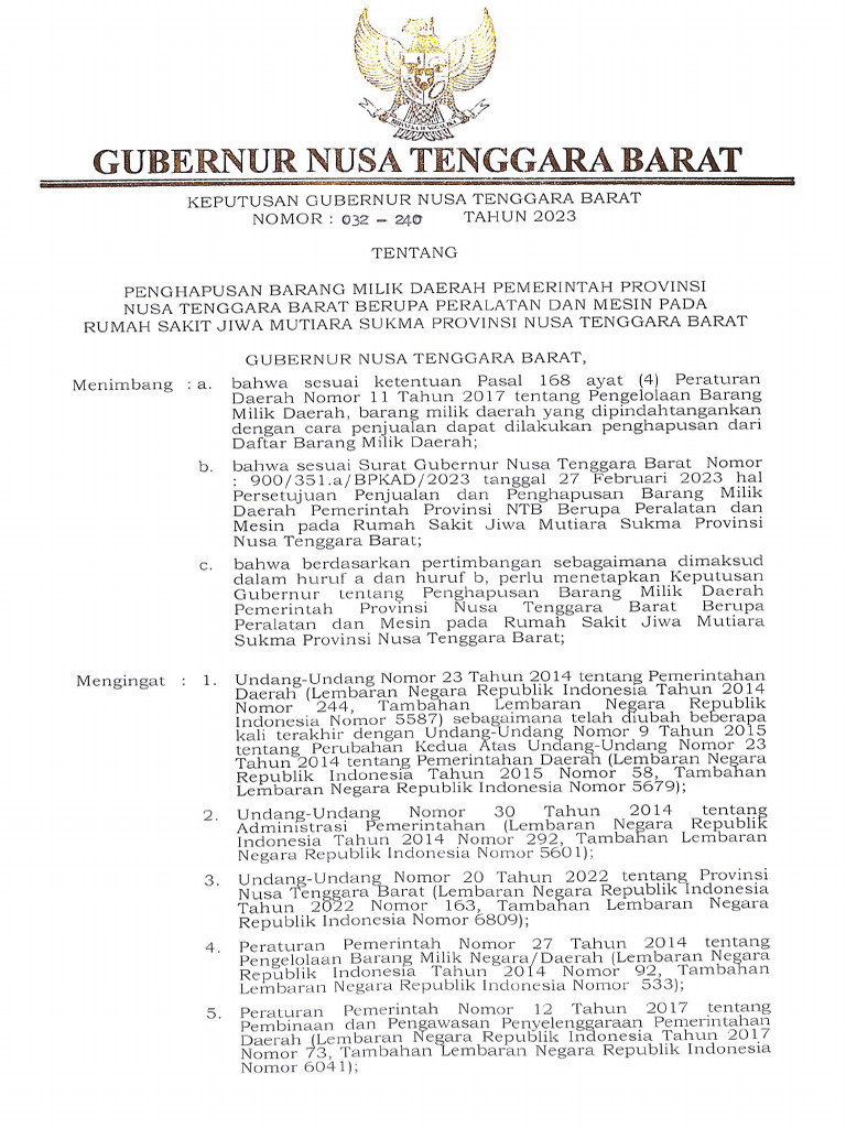 SK Penghapusan BMD Berupa Peralatan Dan Mesi Pada RSJ No. 032 - 240 Ta 2023 Tgl. 6 April 2023 | PDF