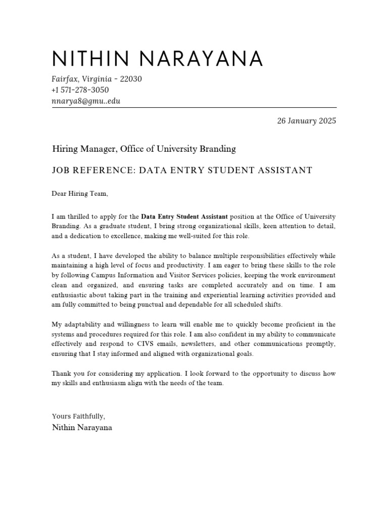 Data Entry Student Assistant Cover Letter | PDF