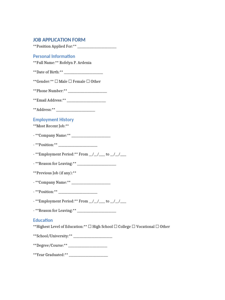 Job Application Form Template | PDF