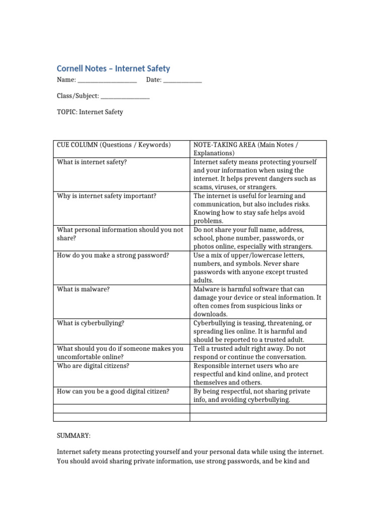 Cornell Notes Internet Safety | PDF | Internet | Cyberbullying