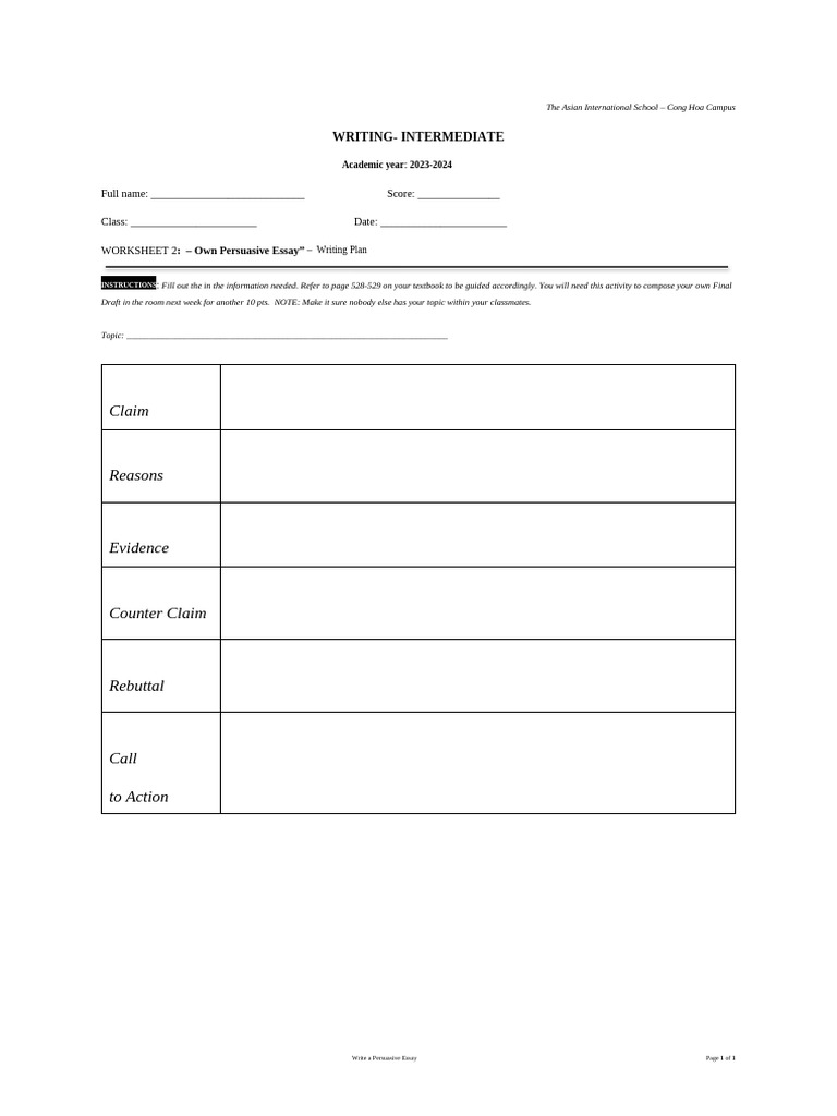 Persuasive Essay Writing Plan Worksheet | PDF