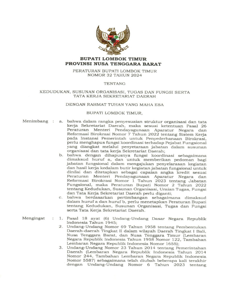 (2024) Perbup No 32 Tahun 2024 - SOTK Setda | PDF