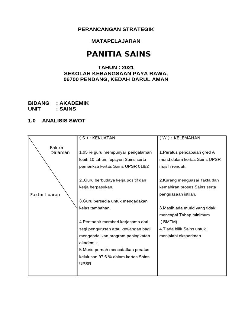 2021 Perancangan Strategik Panitia Sains (2021) | PDF