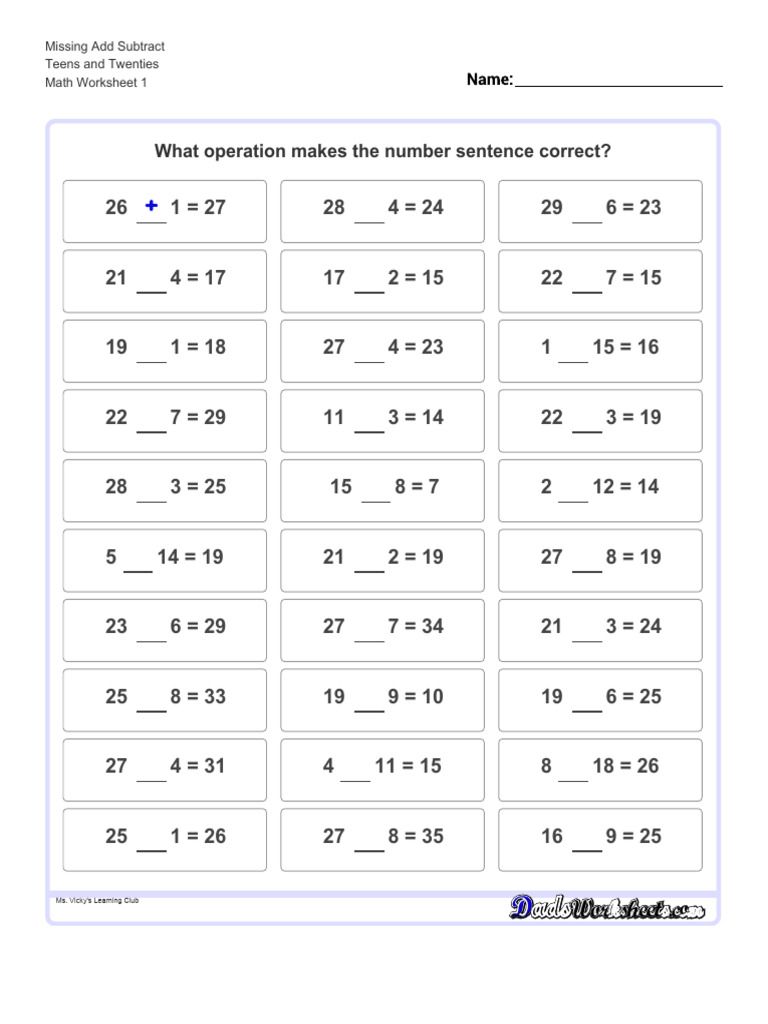 Math Worksheets: Missing Operations: Missing Operations: Missing Add Subtract Teens and Twenties ...