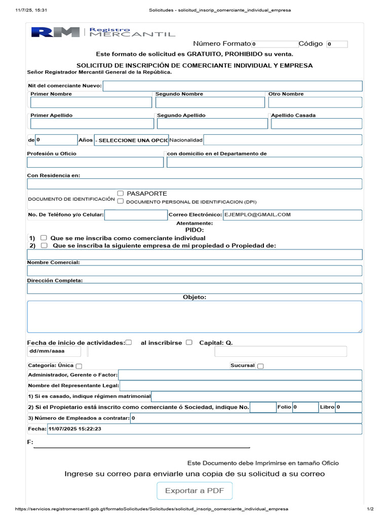 Solicitudes - Solicitud Inscrip Comerciante Individual Empresa | PDF