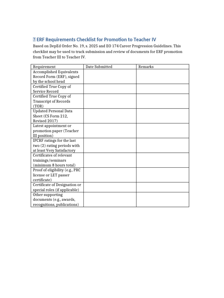 ERF Requirements Checklist With Submission Tracker | PDF