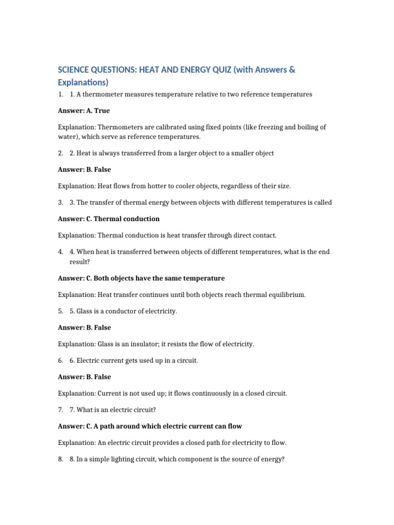 Heat and Energy Quiz with Answers | PDF | Renewable Energy | Heat