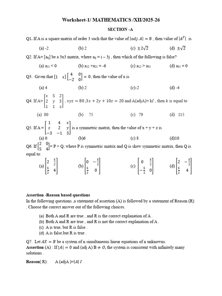 Mathematics XII Matrix Problems Worksheet | PDF | Mathematical Analysis ...