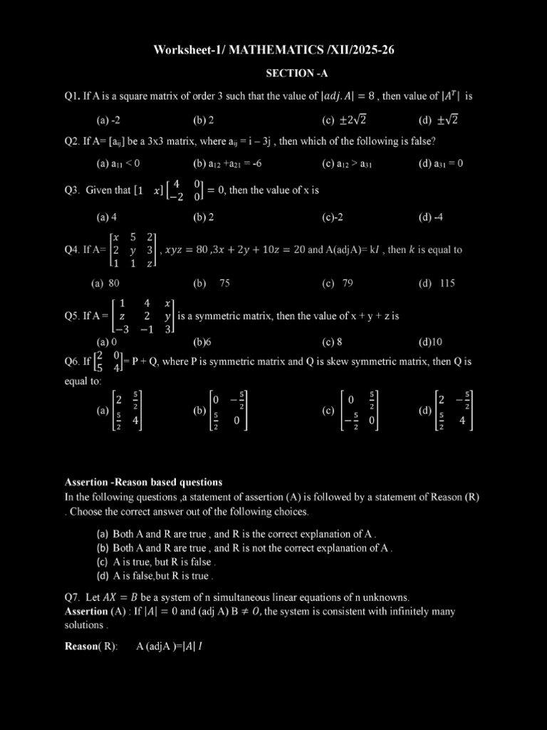Class 12 Maths Worksheet 1 | PDF