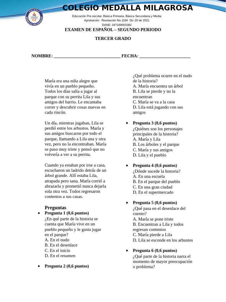 Examen de Español 3 - Segundo Periodo | PDF