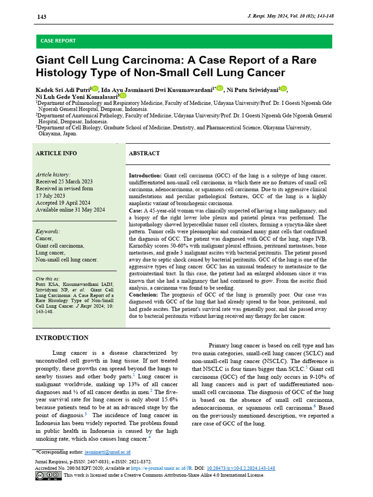 Giant Cell Lung Carcinoma A Case Report of A Rare | PDF | Lung Cancer ...