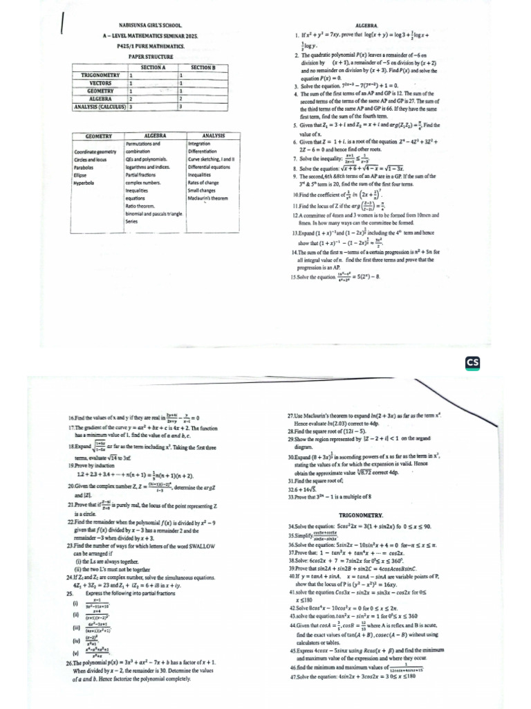 Nabisunsa Girls School MTC Seminar Questions | PDF