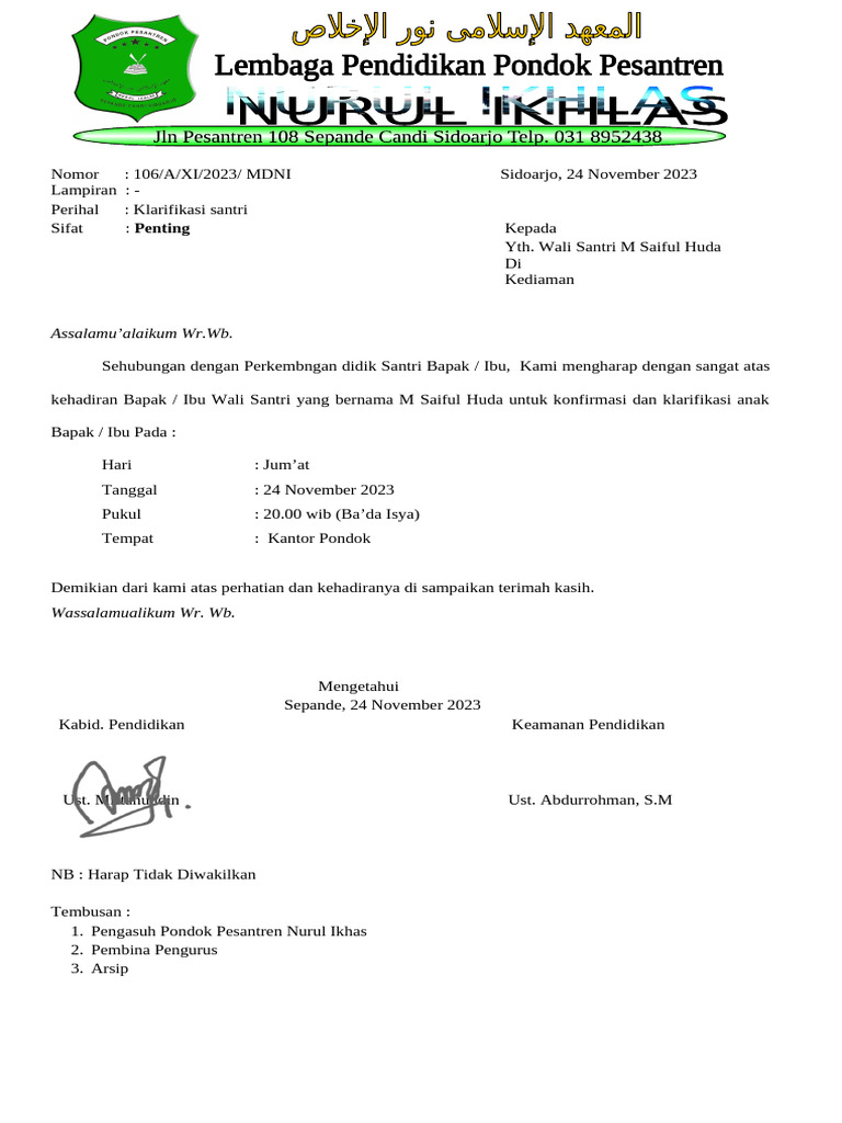 Klarifikasi Wali Santri M Saiful Huda | PDF
