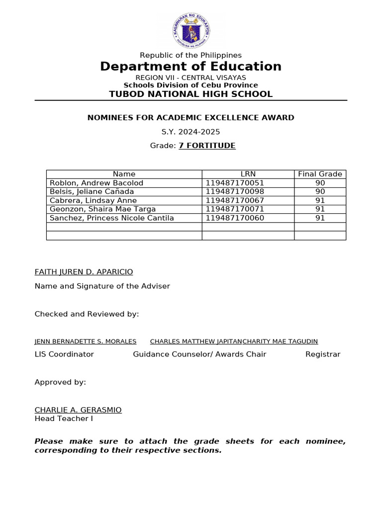 Grade 7 Fortitude - Academic Exellence Award Nomination Form | PDF
