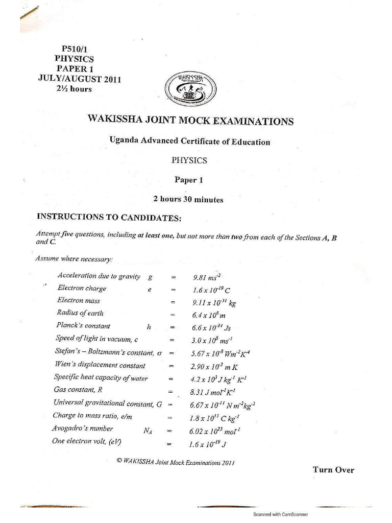 UACE Physics 1 Past Papers | PDF
