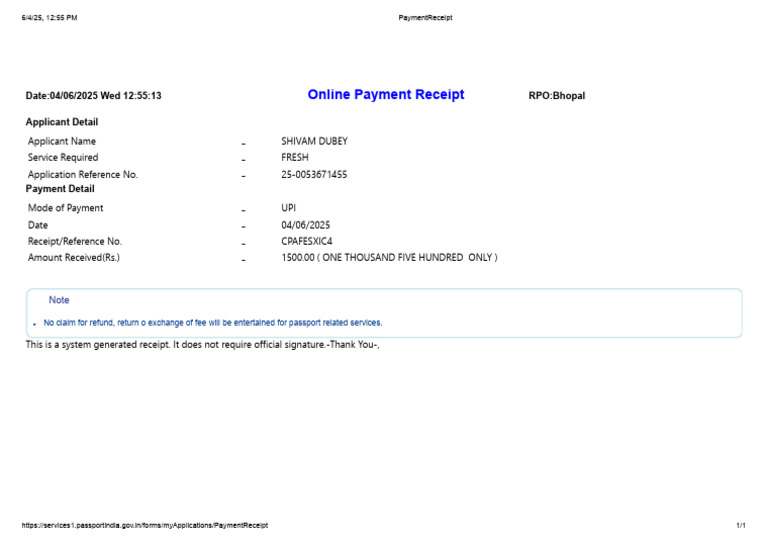 Online Payment Receipt for Passport Service | PDF