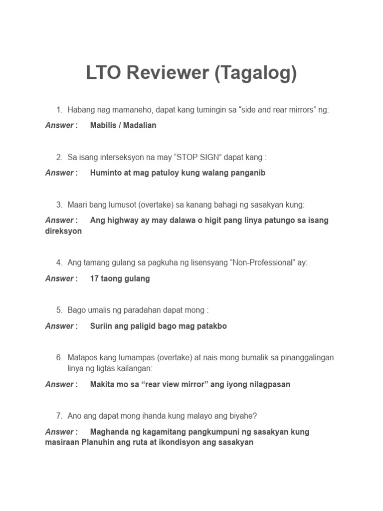 LTO Reviewer (Tagalog) | PDF