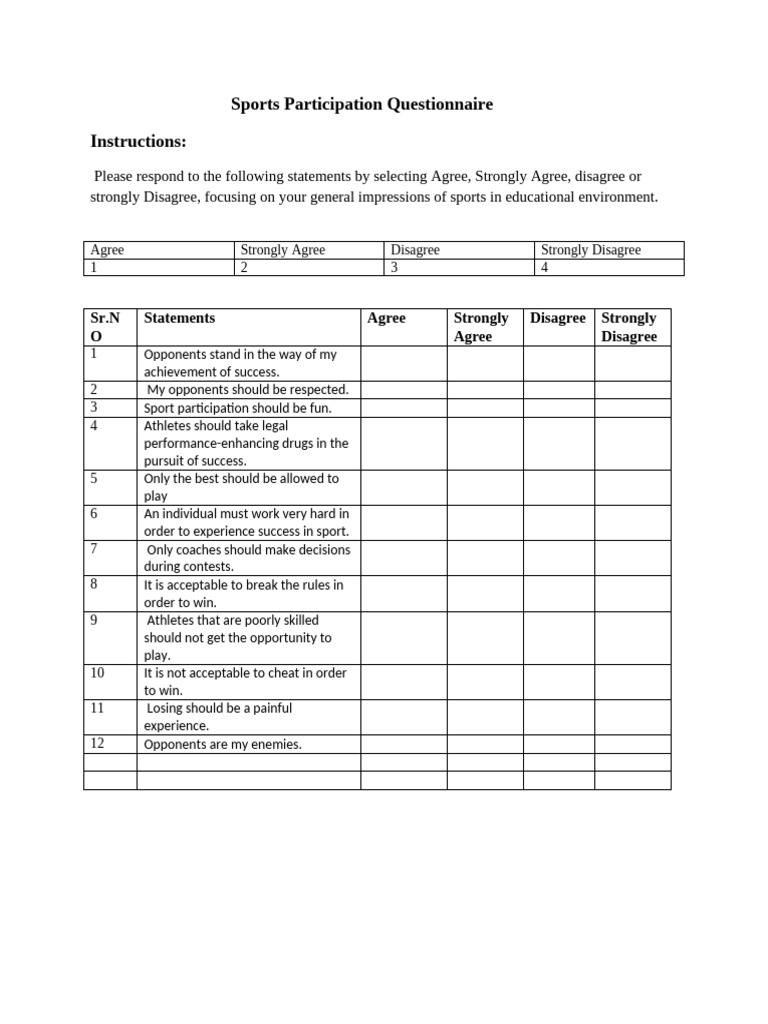 Sports Participation Questionnaire Overview | PDF | Psychology ...