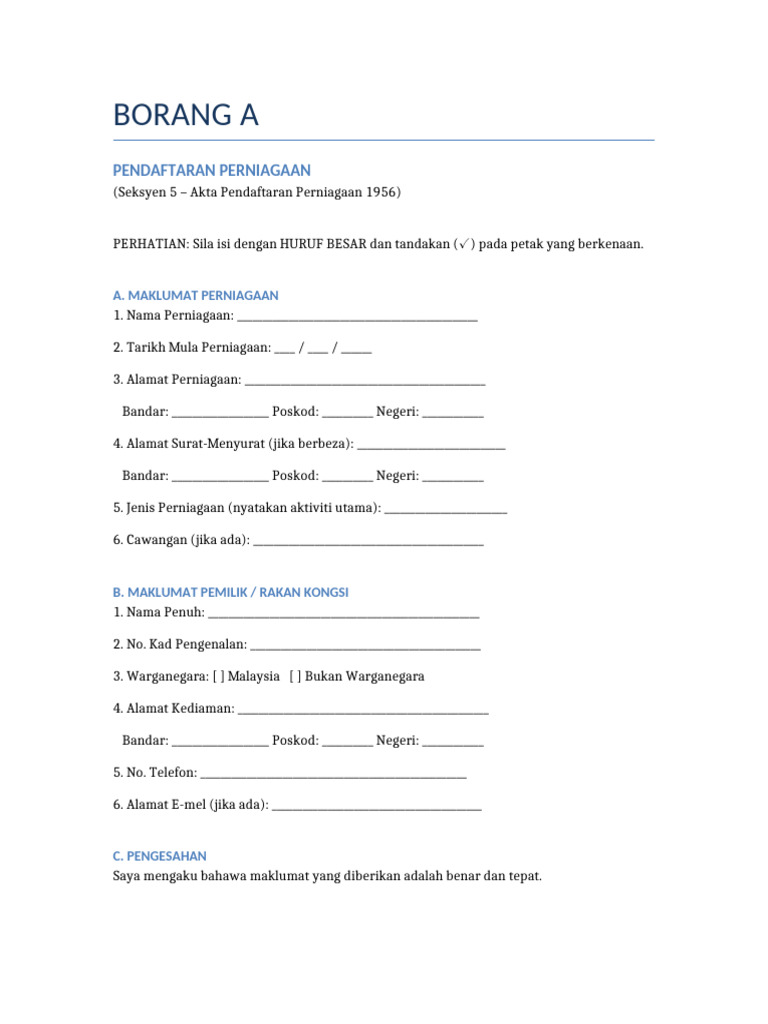 Borang A Pendaftaran Perniagaan Editable | PDF