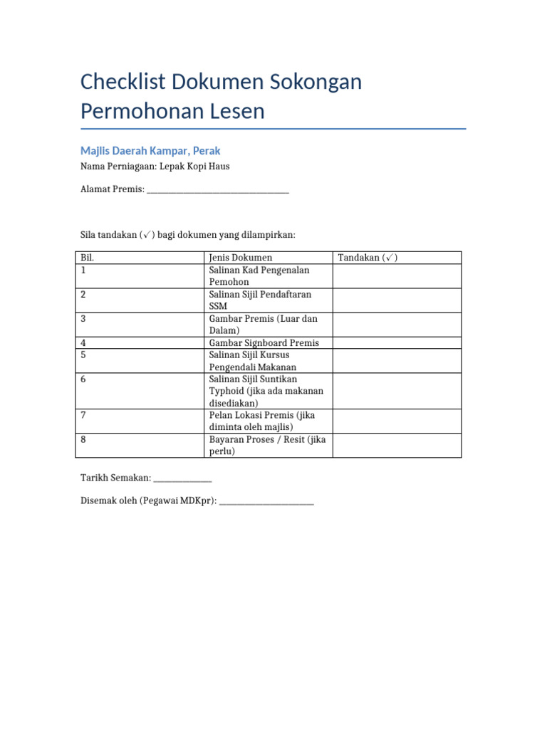 Checklist Dokumen Lesen MDKampar | PDF