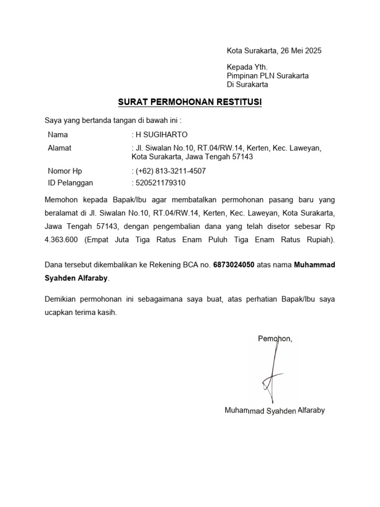 Surat Permohonan Restitusi-1 | PDF