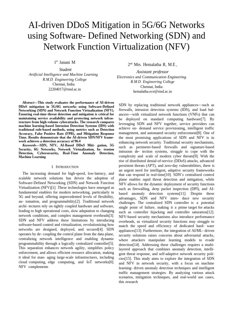 AI-driven DDoS Mitigation in Networks Using Software - Defined Networking and Network Function ...