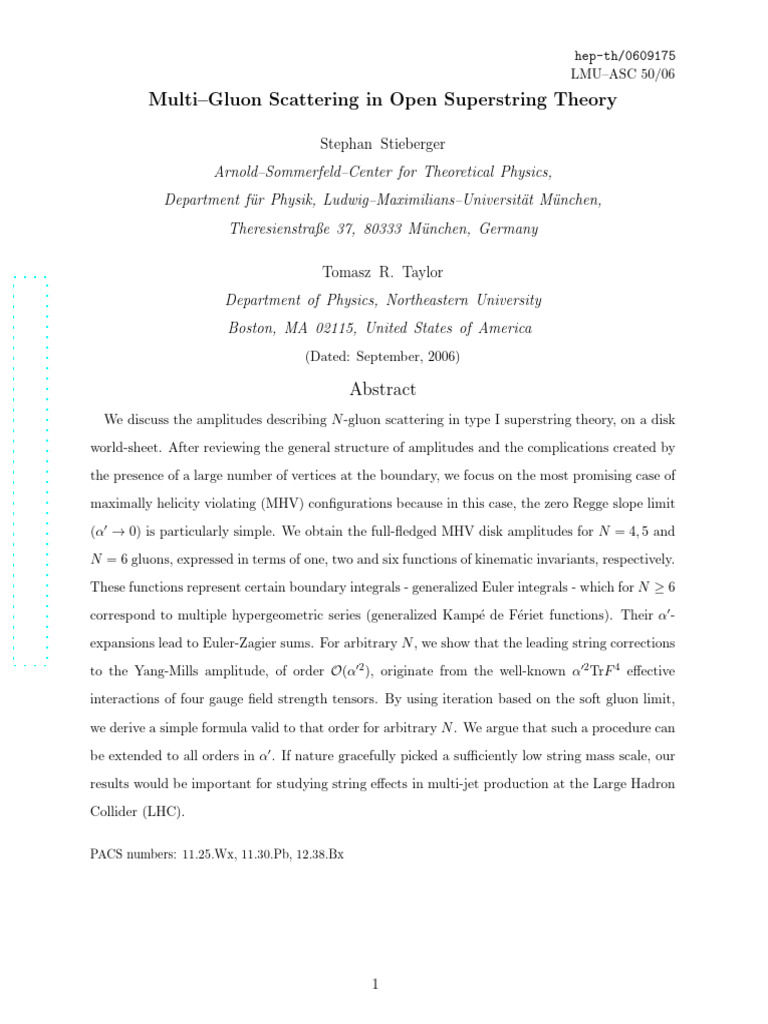 Multi-Gluon Scattering in Open Superstring Theory | PDF | Standard Model | Fundamental Interaction