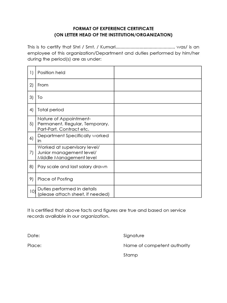Experience Certificate Format Guide | PDF