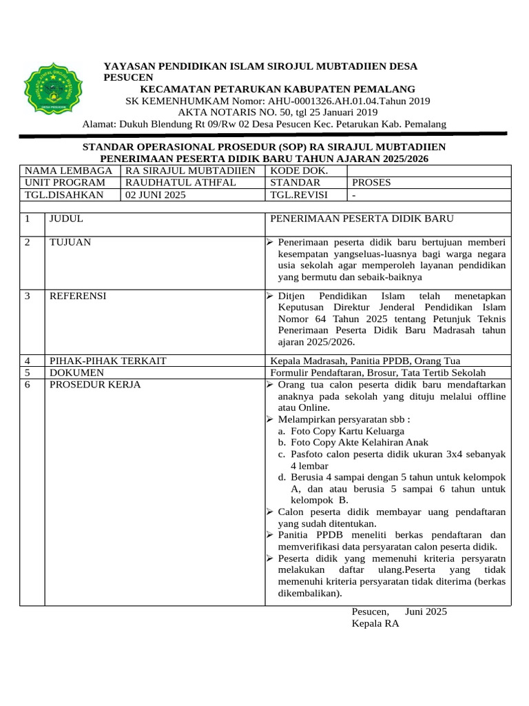 SOP Penerimaan Siswa Baru | PDF