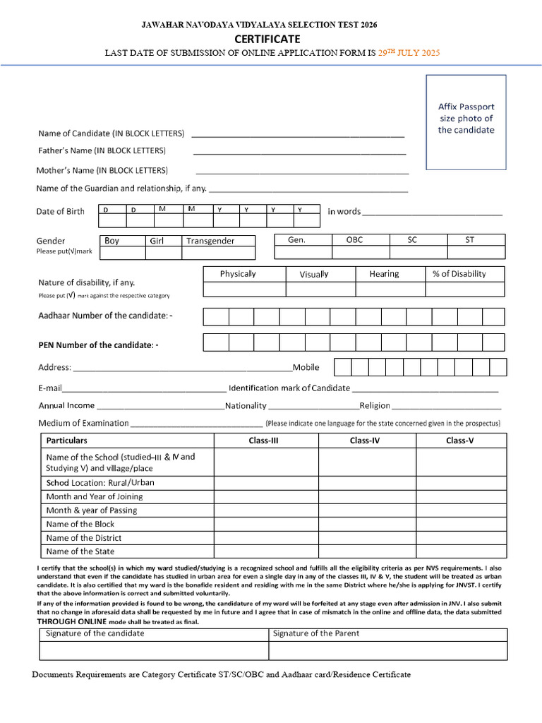 JNV Selection Test 2026 Application Details | PDF