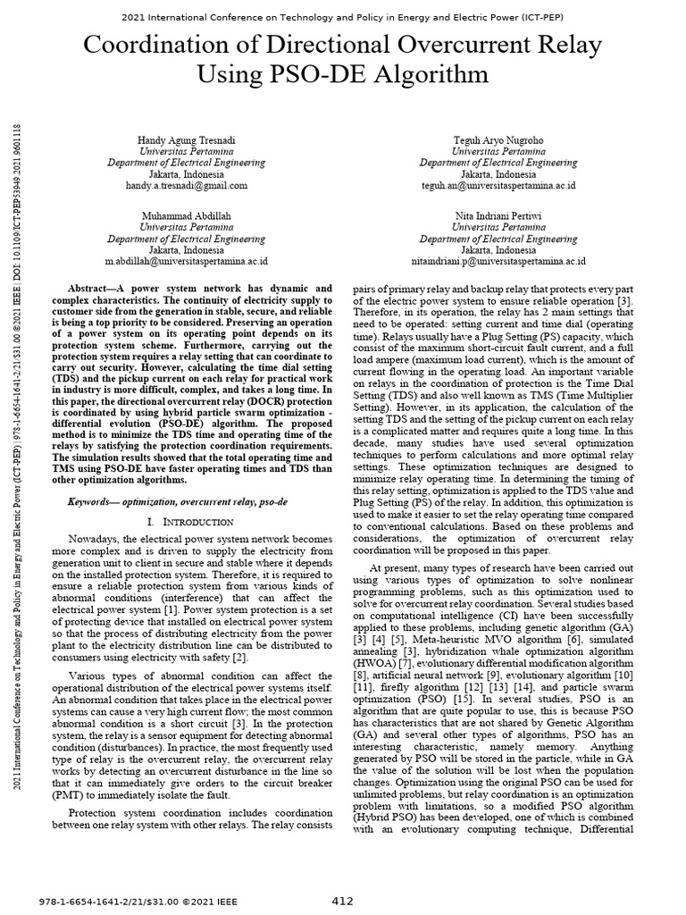 Coordination of Directional Overcurrent Relay Using PSO-De Algorithm | PDF | Mathematical ...