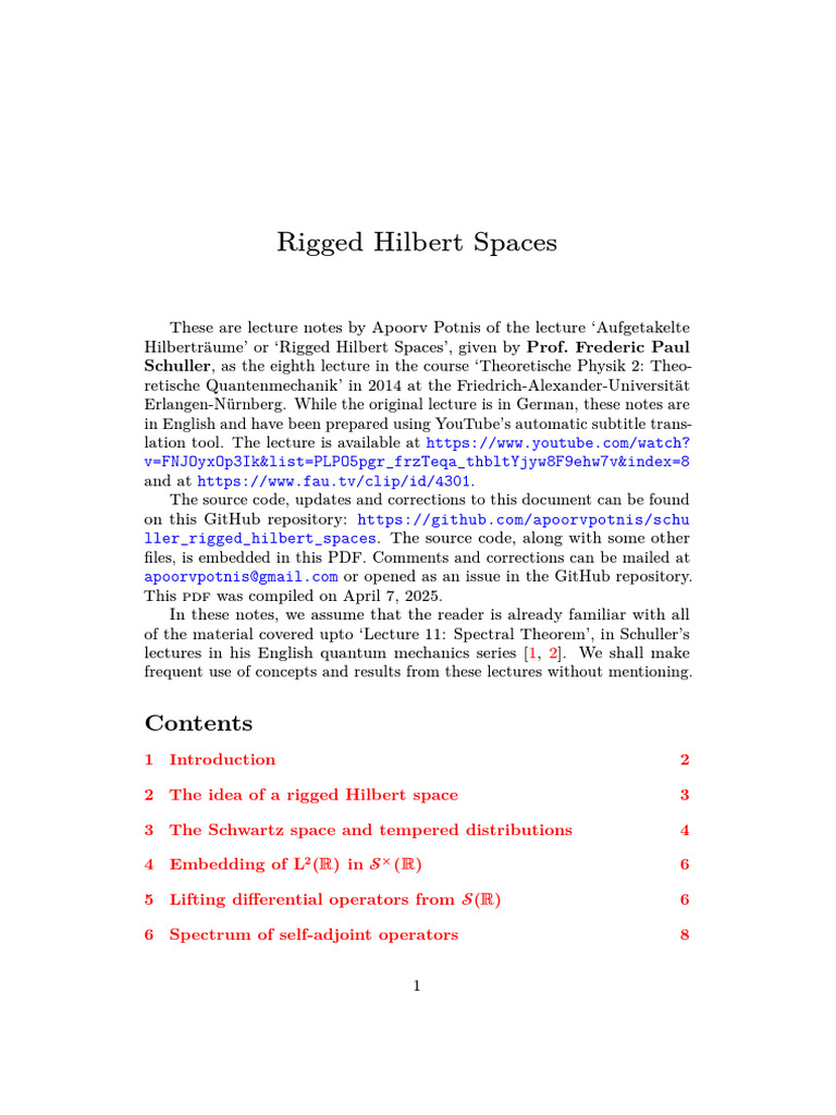 Schuller Rigged Hilbert Spaces | PDF | Eigenvalues And Eigenvectors | Distribution (Mathematics)