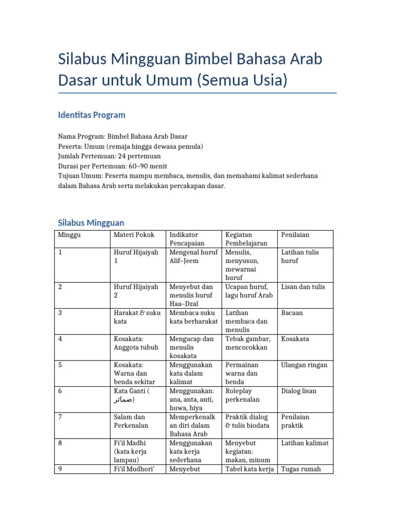 Silabus Bimbel Bahasa Arab Umum | PDF