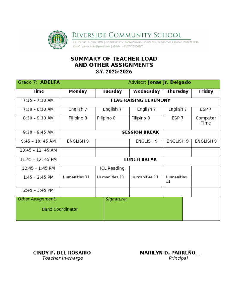 Teacher Load Summary S.Y. 2025-2026 | PDF | Mathematics