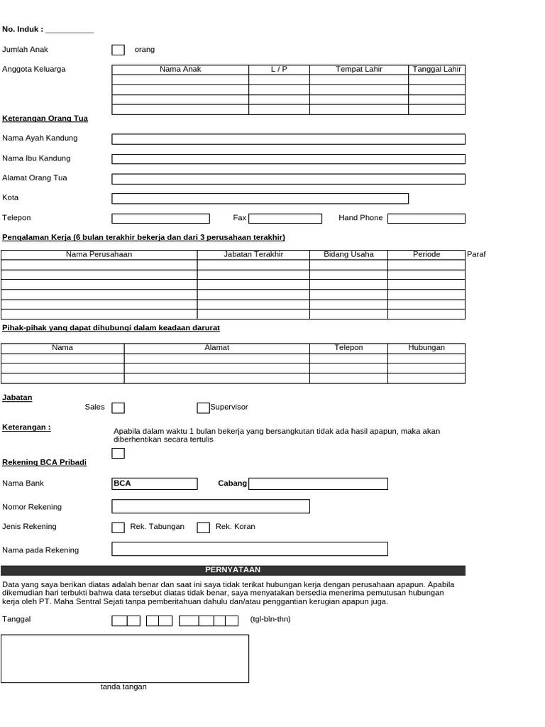 Formulir Data Karyawan PT MSS BCA | PDF
