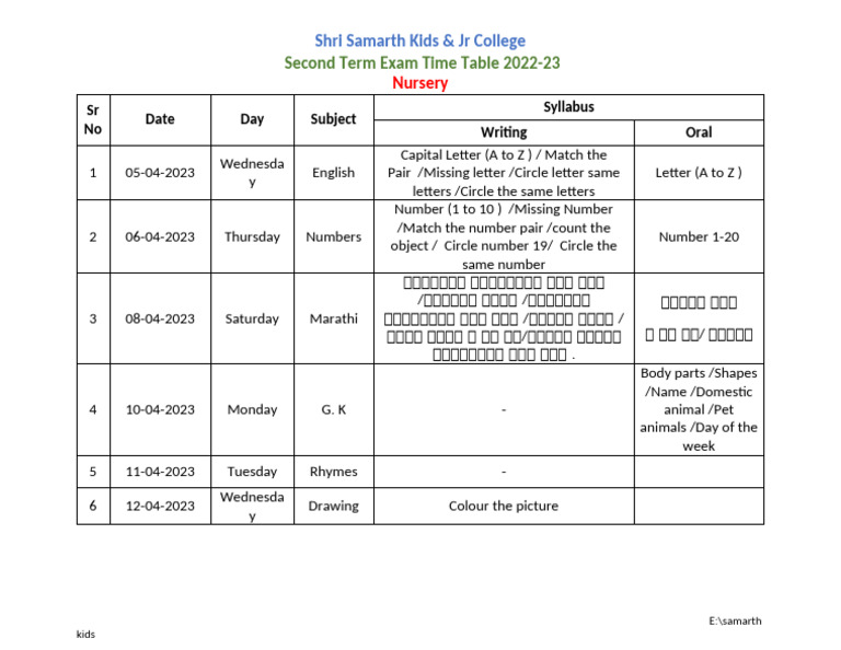 Time Table 22-23 Nursery | PDF
